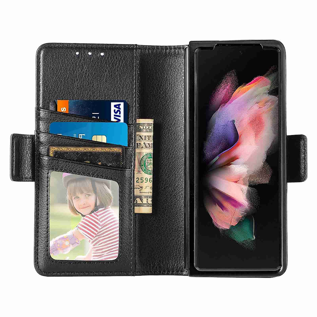 Knoowcase for Samsung Galaxy Z Fold 5 Case Shockproof PU Leather Wallet Card Holder Kickstand Bumper Case with Pen Holder for Samsung Z Fold 5 Phone Case, Black
