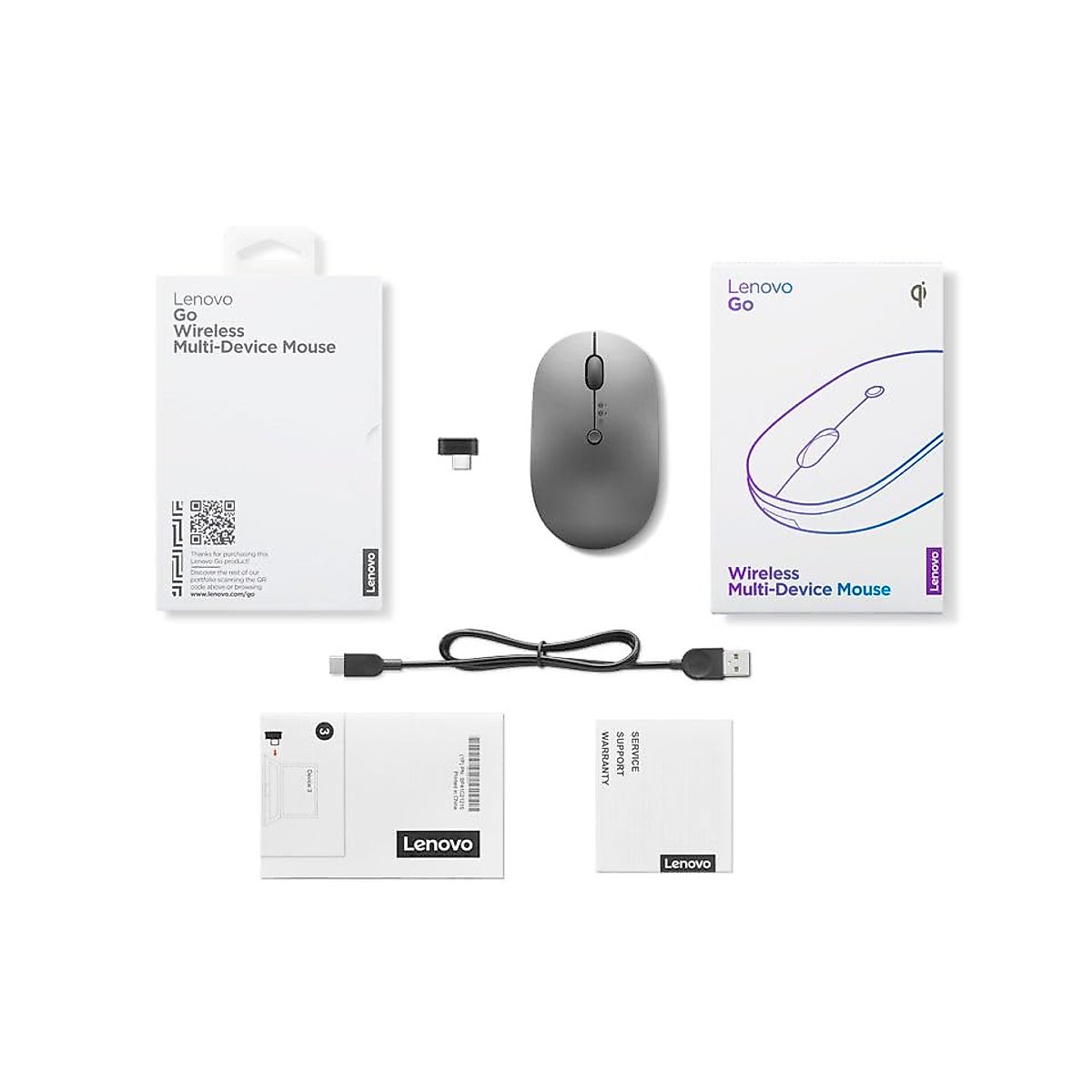 Lenovo Go Multi-Device Wireless Mouse, 2.4GHz Nano USB-C Receiver, Bluetooth, Adjustable DPI, USB-C Rechargeable Battery, Qi Wireless Charging, Ambidextrous, GY51C21211, Grey