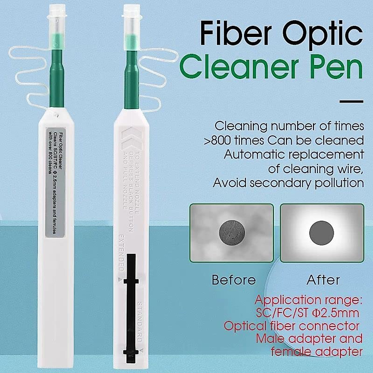 Fiber Optic Connector Cleaning Pen,2PCS Fiber Optic Cleaner Pen for 2.5mm Ferrules SC,FC,ST,SC/APC and FC/APC,800+ Clean Times
