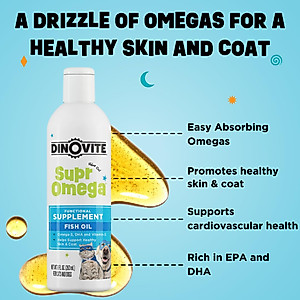 Dinovite SuprOmega Fish Oil for Dogs & Cats - Vitamin E & Omega 3 Meal Topper - Skin & Coat Health for Dogs & Cats - 8 oz