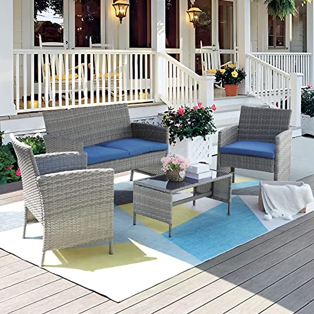 Patio PE Wicker Furniture Set 4 Pieces,All Weather Patio Conversation Sets of 2 Single Sofas,1 Loveseat and Tempered Glass Table Top,Outdoor Chat Set Conversation Set for Backyard Yard,Garden (Blue)