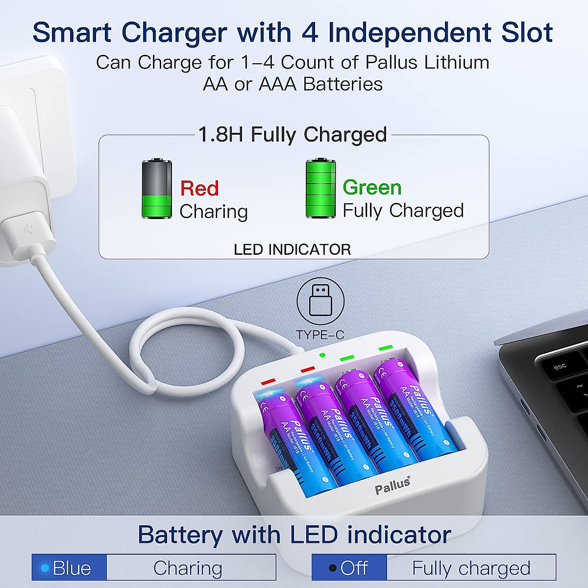 Pallus 1.5V AA Rechargeable Lithium Batteries, 8-Pack Double A Li-Ion Batteries for Household Office, 2Hrs Fast Charing, 3500mWh High Capacity, Super Long Lasting, Cycles 1600, 1.5V Constant Output