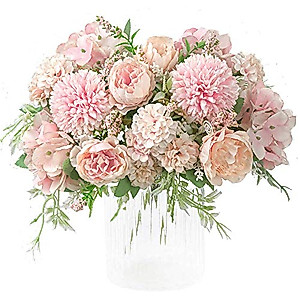 KIRIFLY Artificial Flowers, Fake Peony Silk Hydrangea Bouquet Decor Plastic Carnations Realistic Flower Arrangements Wedding Decoration Table Centerpieces (Light Pink)