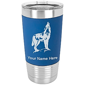 LaserGram 20oz Vacuum Insulated Tumbler Mug, Howling Wolf, Personalized Engraving Included (Silicone Grip, Dark Blue)