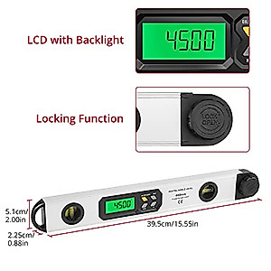 16 inch/40cm Aluminum Digital Angle Finder Built-in Bubble Vials, XUNTOP Digital Protractor 0-225° with Large Backlit Display Ideal for Interior Designer Carpenter Woodworker