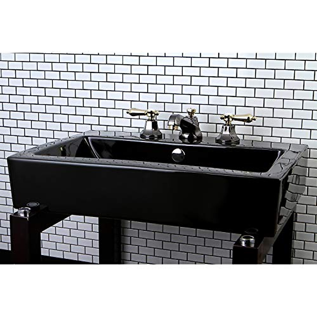 Kingston Brass NS4469BAL Water Onyx Widespread Lavatory Faucet with Brass Pop-up Drain, Black Stainless Steel with Polished Brass Trim