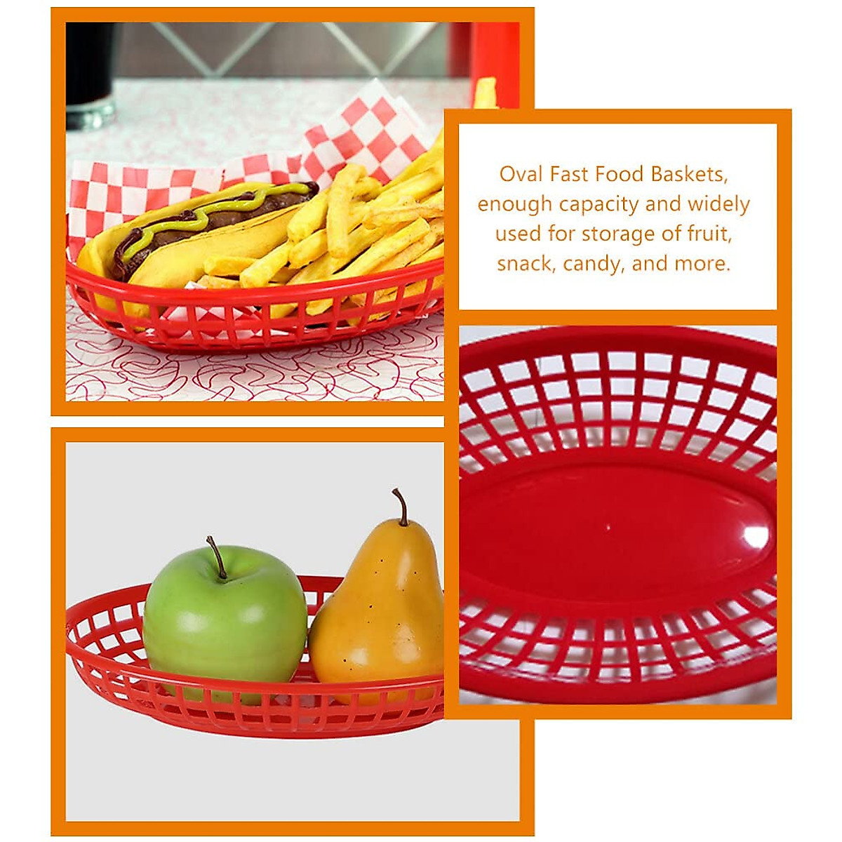 Luxshiny 6pcs Fast Food Baskets Plastic Oval Food Serving Tray Reusable Bread Fry Basket Burgers Storage Plates Fruit Baskets for Hot Dogs Sandwiches Chip Barbecues Picnics Red