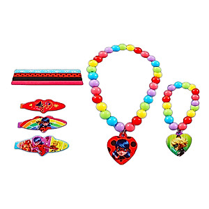 Miraculous Ladybug 15 Piece Accessory Box Set with Jewelry in Box- Necklace, Bracelets, Barrettes, Ponies & Elastics