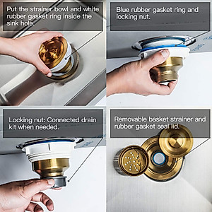 LQS Kitchen Sink Drain Strainer Assembly, Sink drain 304 Stainless Steel with Removable Deep Waste Basket and Sealing Lid 3-1/2-inch Golden