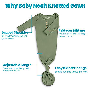 Newborn Baby Knotted Gown, Super Soft Silky Infant Long Sleeve Sleeper with Tie Bottom, Baby Girl and Boy Sleep Gown with Mittens, Bow, and Hat Set Army Green