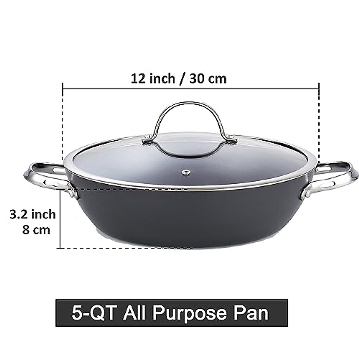Cooks Standard Everyday Pan with Glass Lid, Chef's Pan 12-Inch Hard Anodized Nonstick All Purpose Pan 5-Quart Wok Stir Fry Pan, Black