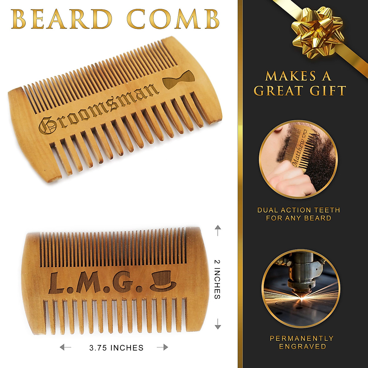 My Personal Memories Custom Engraved Wooden Beard and Mustache Comb - Personalized Grooming Wood Brush Gift with Dual Action Teeth for Men, Guys, and Him