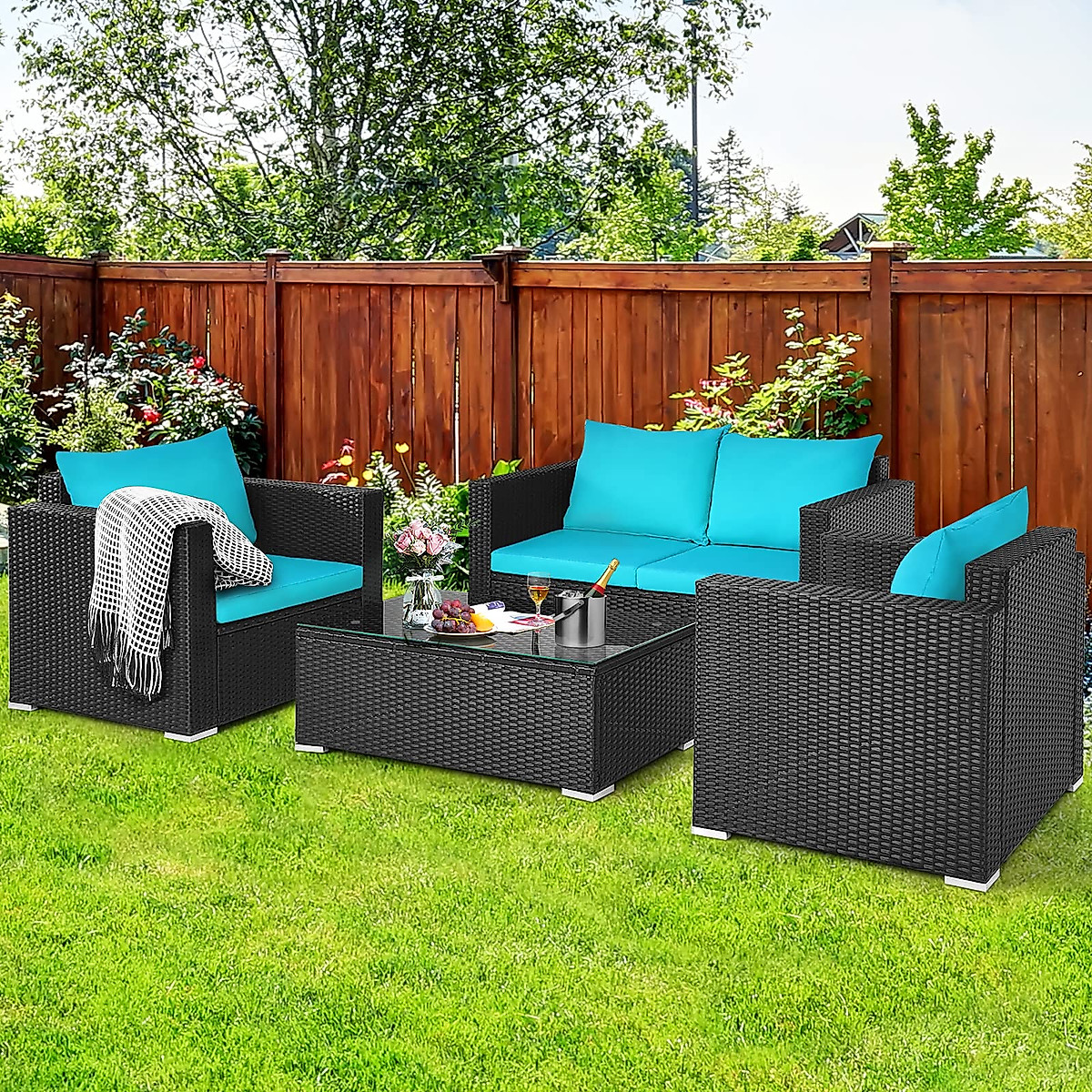 Tangkula 4 Piece Patio Rattan Conversation Furniture Set, Outdoor Wicker Sofa Set with Padded Cushion & Tempered Glass Coffee Table, Wicker Sectional Sofas and Table for Courtyard (1, Turquoise)