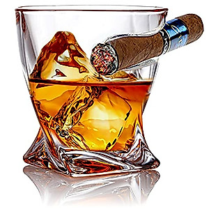 Bezrat Old Fashioned Whiskey Cigar Glasses With Side Mounted Cigar Holder + Whisky Chilling Stones and accessories in Wooden Box - Scotch Bourbon Set for Dad, Husband, Fathers Day, Birthday Gift Set