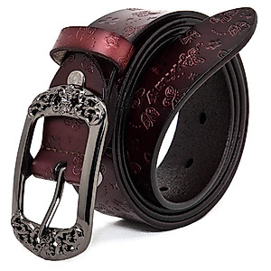 AmyKer Womens Leather Belts for Jeans Black Brown Yellow Red Cowgirl Embossed Belt and Buckle Elegant Gift Box Brown 45 inch (115cm)