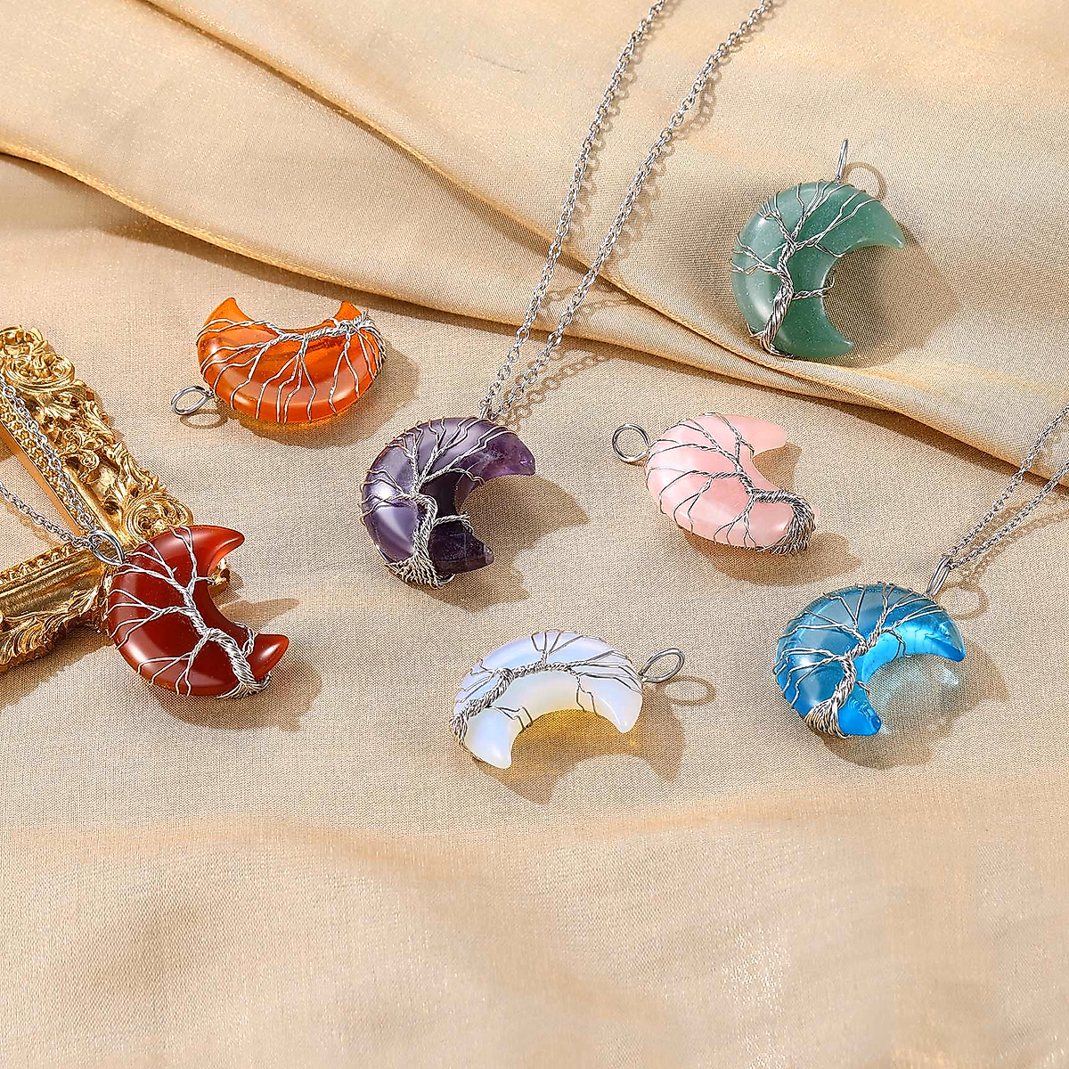 Bestyle Tree of Life Crescent Moon Necklace, Synthetic Aquamarine Gemstones Healing Crystal Necklaces, March Birthstone Pendant for Women, Statement Birthday Jewelry Gifts