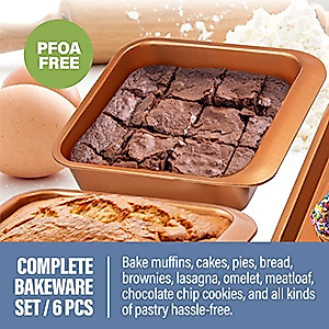 6 Piece Non-Stick Bakeware Set Includes Baking Pans, Cookie Sheet, Loaf Pan, Muffin Tin and more with Premier Ti-Cerama Copper Coating 100% PFOA Free,Graphite