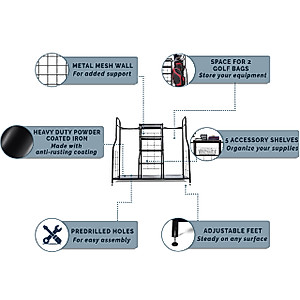 Morvat Golf Organizer Extra Large Double Metal Black Stand Perfect Way to Store & Organize Your Golfing Bags, Clubs, Balls, Gadgets, Accessories & Equipment in Shed, Basement, and Garage