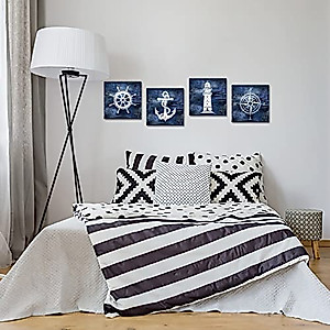 LoveHouse Rustic Nautical Wall Art Boat Anchor Paintings Helm Drawing Compass Print Lighthouse Home Decor Pictures Navy Blue Artwork for Bathroom Living Room Ready to Hang 12x12 Inchx4 Piece