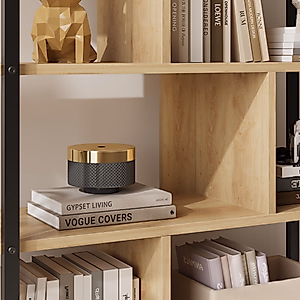 IDEALHOUSE 5 Tier Rattan Bookshelf with Storage Cabinet & Door, 71.1 Inch Tall Industrial Book Shelf with Open Display Shelves, 5 Shelf Bookcase with Metal Frame for Living Room, Bedroom -Burlywood