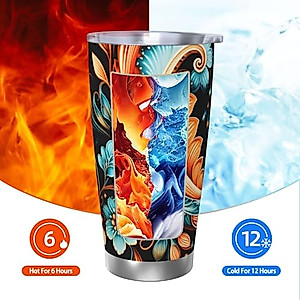 AYCZN Ethnic Feather 20 OZ Tumbler Stainless Steel Travel Coffee Mug, Vintage Flower Floral Insulated Water Bottle with Lid and 2 StrawsLeakproof Thermal Cup