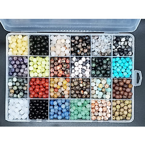 1200pcs 6mm Natural Round Stone Beads Real Gemstone Beading Loose Gemstone Hole Size 1mm DIY Smooth Beads for Bracelet Necklace Earrings Jewelry Making,Box Packed(24 Material -A,6mm)