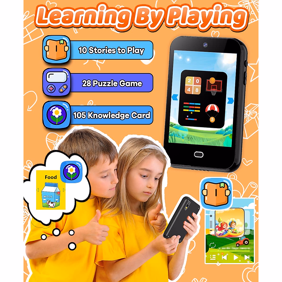 Kids Smart Pretend Phone for Girls Boys Age 3-8 with Dual Camera 28 Games 2.8'' HD Touch Screen Music Player Video Audible Story Pedometer Alarm Clock Calculator Torch Toddler Learning Toys