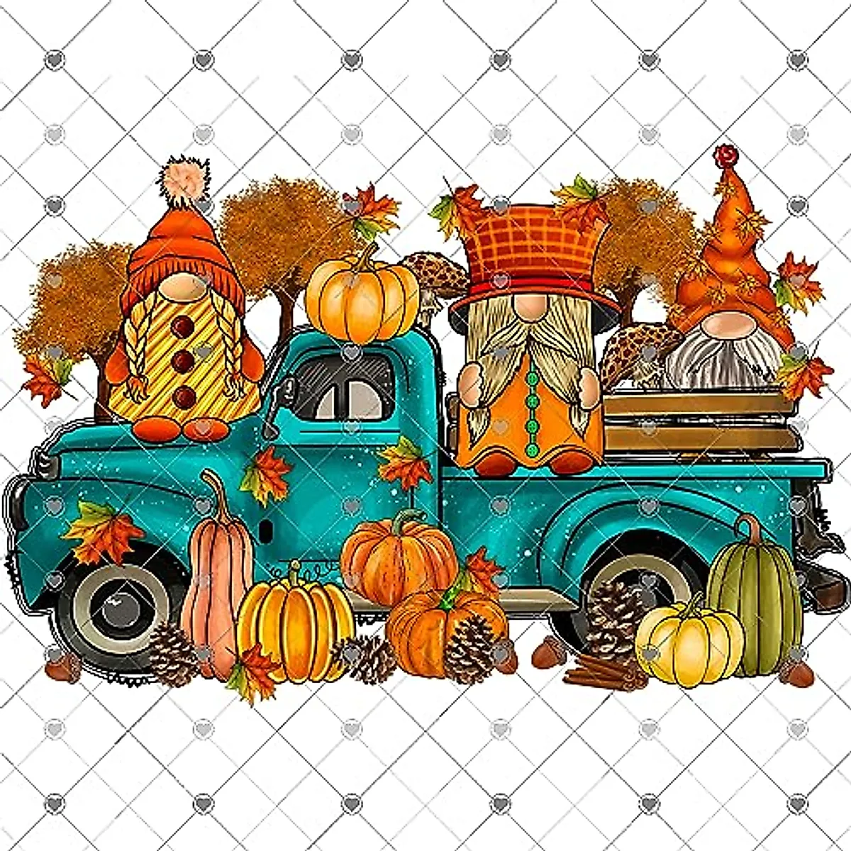 Fall Gnome Teal Truck Sublimation Transfer, Ready to Press, Autumn, Pumpkins, Gnomes, Vintage, Sublimation Transfer, Harvest, Ready to Use (Child x1-6")