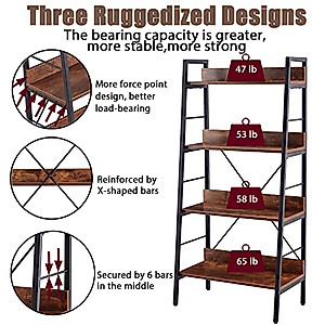 Ladder Shelf 4-Tier Bookshelf Plant Stand Kitchen Storage Rack Industrial Display Leaning Bookcase with Steel Frame Modern Wood Organizer Shelves Metal Furniture Home for Living Room Bedroom Office