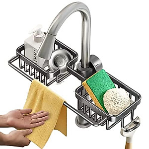 LuLusmoda Kitchen Sink Rack Faucet Sponge Holder Over The Sink Organizer Faucet Rack with Hook，A Free Dish Cloth Note：Round Pipe with Diameter 0.7-1.1 Inchs Can Be Used(Aluminum，Double,Elegant Gray