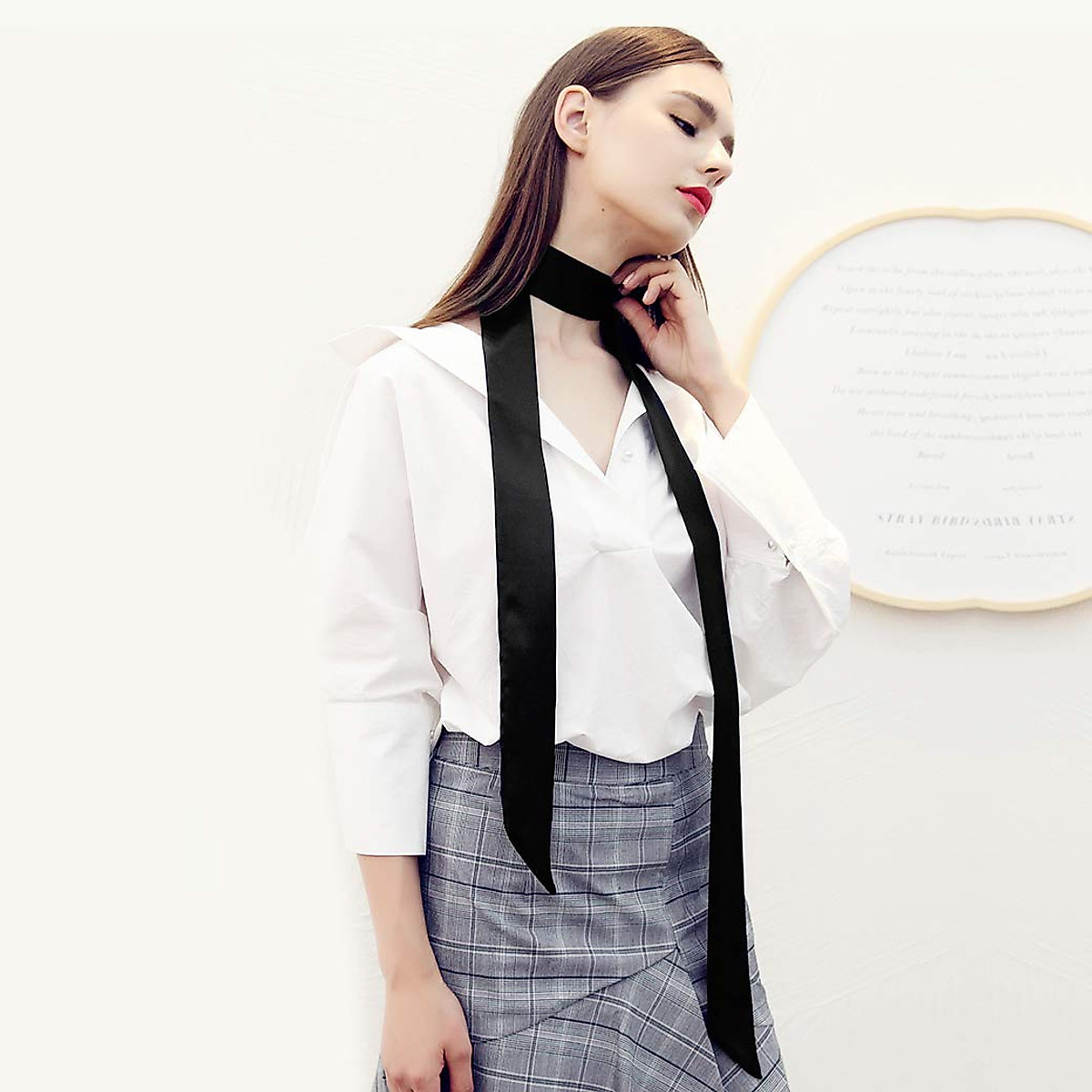 Lujuny Long Thin Chiffon Silk-like Scarf - Skinny Neck Tie Waist Belt for Women Girls, 78.0 inch (BLACK)