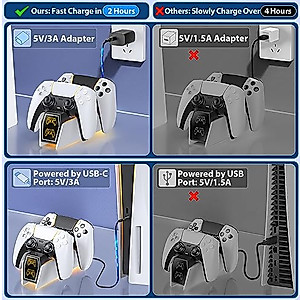 PS5 Controller Charger Compatible with DualSense & Edge Controller, 2.0 H Fast PS5 Charger with 5V/3A Adapter and USB-C Cable, PS5 Charging Station with 2 Charging Options & Indicator