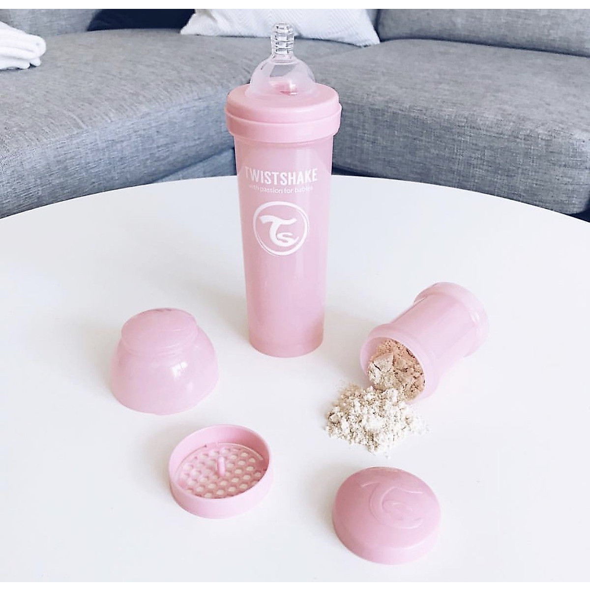 Twistshake Anti Colic Baby Bottles - Premium 330ml/11oz Bottles with 100ml Milk Storage Container for a Comfortable Feeding Experience for Baby Care - Pastel Pink