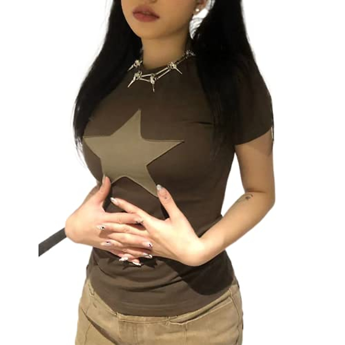 Women Y2K Star Print Crop Top Vintage Short Sleeve Slim Fit Shirt Fairy Grunge Graphic Top(YA-Brown,M)
