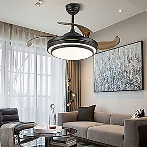 DYRABREST 42" Modern LED Invisible Ceiling Fan Lights and Remote 4 Retractable Brown Blades Chandelier Fan Lighting for Home Indoor Bedroom Diningroom Livingroom (Black)