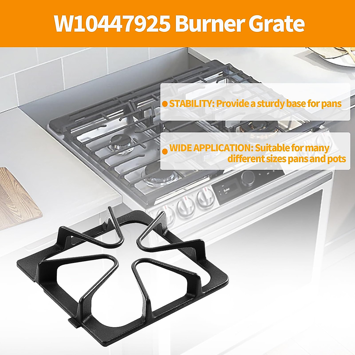 Upgraded W10447925 Grates for Kenmore Stove Parts Burner Grate Whirlpool Maytag Range Parts Stove Top Grate Replacement Amana Inglis Kirkland Cooktop Parts Matte Cast Iron Surface Burner Grate 1 Pack