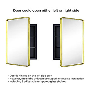 TEHOME Farmhouse Brushed Gold Metal Framed Recessed Bathroom Medicine Cabinet with Mirror Rounded Rectangle Tilting Beveled Vanity Mirros for Wall 16x24''