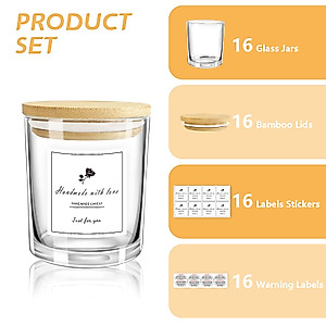 Artcome 16 Pcs Candle Glass Jars with Bamboo Lids Set for Making Candles - 16 7oz Empty Candle Jars, 16 Bamboo Lids, 16 Label Stickers, 16 Warning Labels, Dishwasher Safe