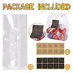LOKQING Cellophane Treat Bags Cookie bags for Packaging Clear Gift Bags with Stickers for Cookies,Candy,Chocolates（Clear,9x4 INCH)