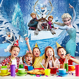 Frozen Backdrop,7x5FT Frozen Theme Happy Birthday Backdrop for Girls Elsa Princess Background Frozen Photography Background Party Supplies Blue