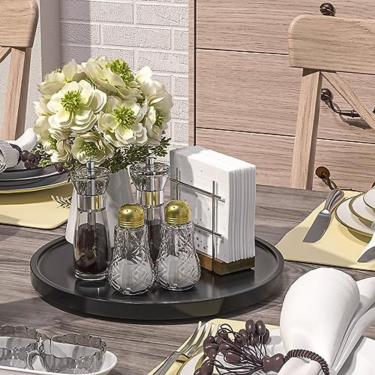 Lazy Susan Organizer for Table Cabinet,13 inch Bamboo Kitchen Countertop Organizer for Salt Olive Oil and Pepper Counter Sink Trays Wooden Turntable for Spice Soap Bottles Dining Room Decor Black