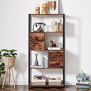 VECELO Bookcase with Doors/Drawers, Industrial 4-Tier Bookshelf Display Shelf Storage Cabinet for Books, Photos, Decorations, in Living Room,Bedroom, Home Office, Rustic Brown