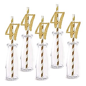 47th Birthday Paper Straw Decor, 24-Pack Real Gold Glitter Cut-Out Numbers Happy 47 Years Party Decorative Straws