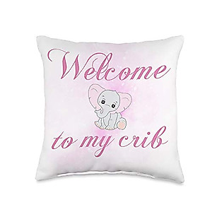 Girl's Crib Decorative Pillows Elephant Theme Pink Welcome to My Crib I Cute Rose Grey White Baby Shower Gift Throw Pillow, 16x16, Multicolor