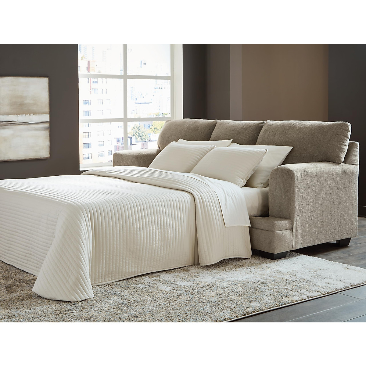 Signature Design by Ashley Stonemeade Contemporary Sofa Sleeper with Folding Gel Memory Foam Mattress, Reversible Cushions and 4 Accent Pillows, Queen, Light Brown