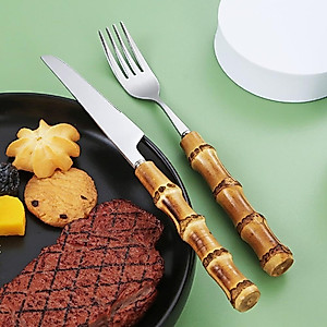 Natural bamboo handle cutlery western steak knife and fork spoon creative cake dessert spoon and fork set (cutlery)