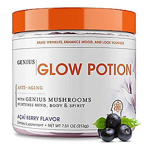 Genius Glow Potion, Anti-Aging Supplement, Acai Berry Powder - Beauty Supplements for Glowing Skin with Genius Mushrooms - All-in-One Wrinkle, Fine Line, Dark Spot Remover & Boosts Skin Repair