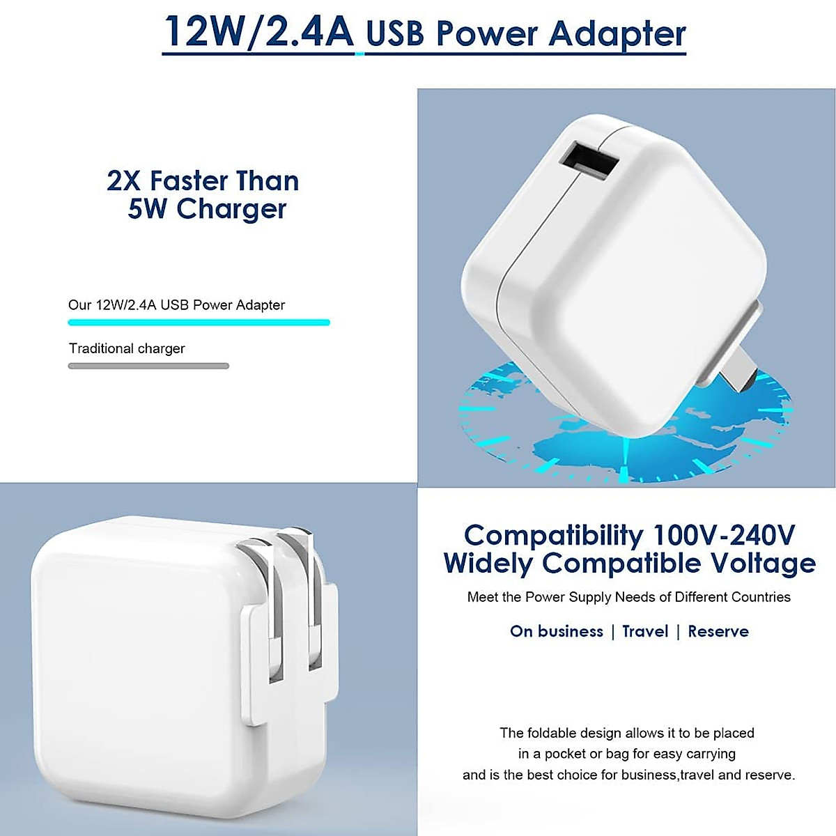 iPad Charger iPhone Charger, 12W USB Power Adapter Foldable Portable Travel Plug with 2Pack MFi Certified 6FT iPad Charging Cord Cable for iPad 4/5/6/7/8/9, iPad Mini 1/2/3/4/5, iPad Air 1/2/3, iPhone