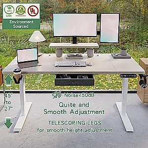 BUNOEM Height Adjustable Electric Standing Desk with One Drawer, Table with Storage Shelf, Sit & Stand Home Office Desk with Storage Space (Oak, 63x30)