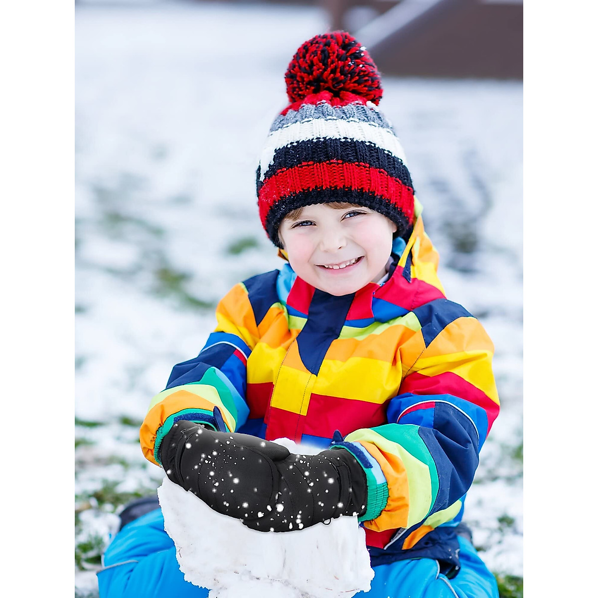 SATINIOR 2 Pairs Kids Snow Mittens Waterproof Winter Ski Gloves Warm Thicken Snow Gloves for Girls Boys (Black, Army Green, 3-5 Years)